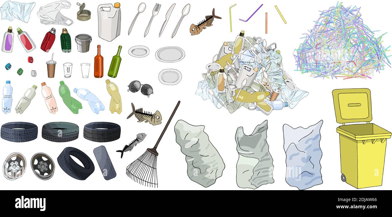 Large set of garbage on white background. Hand drawn vector ...