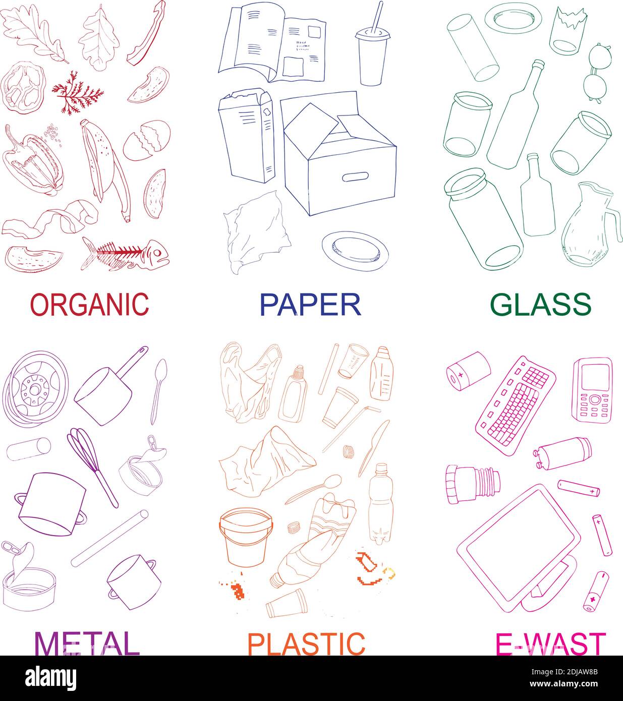 Large set of sorted garbage on white background. Hand drawn vector ...