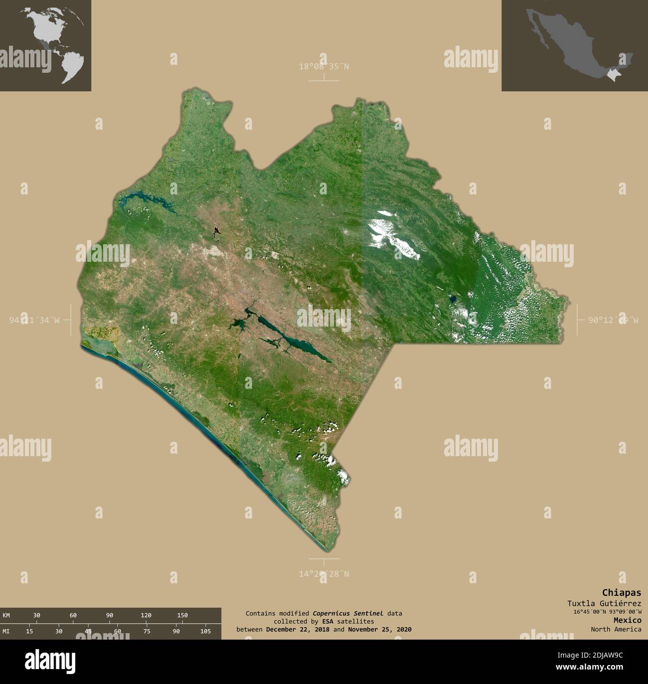 Chiapas, state of Mexico. Sentinel-2 satellite imagery. Shape isolated ...