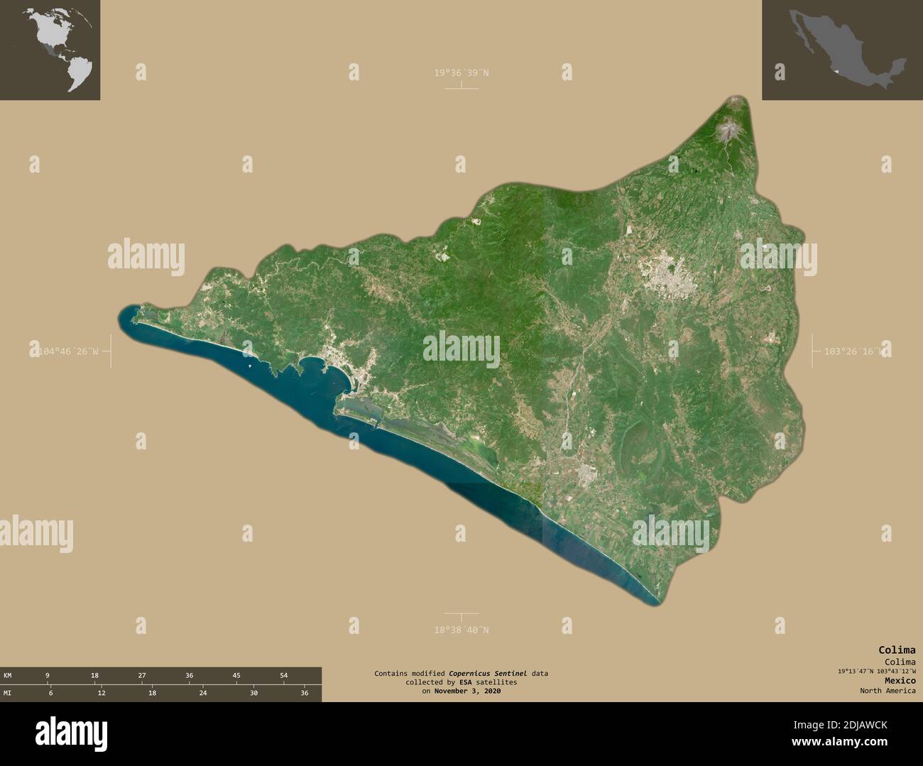 Colima, state of Mexico. Sentinel-2 satellite imagery. Shape isolated ...