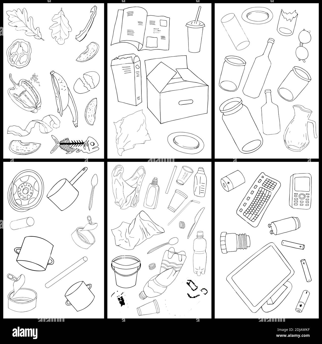 Large set of sorted garbage on white background. Hand drawn vector ...
