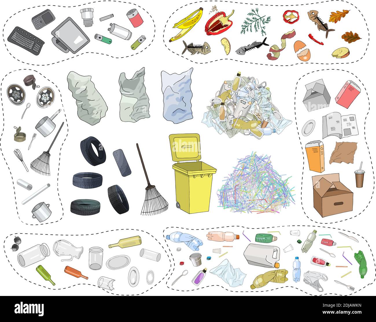 Large set of sorted garbage on white background. Hand drawn vector ...