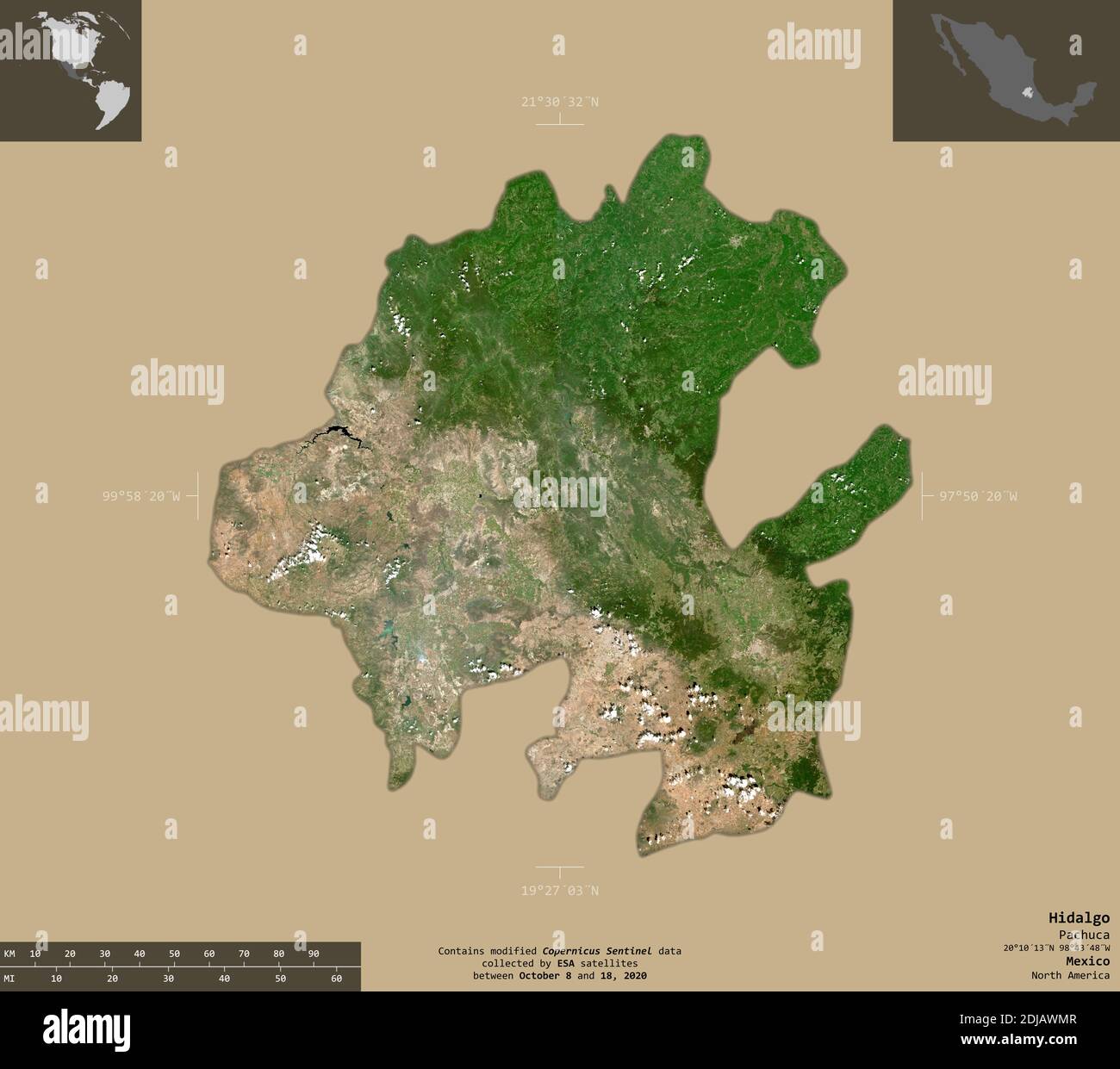 Hidalgo, state of Mexico. Sentinel-2 satellite imagery. Shape isolated ...
