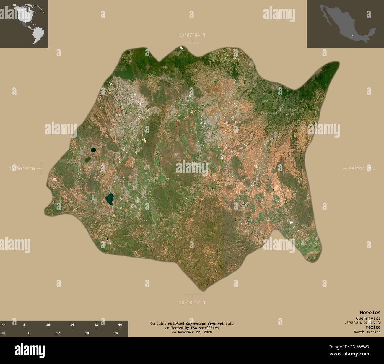 Morelos, state of Mexico. Sentinel-2 satellite imagery. Shape isolated ...