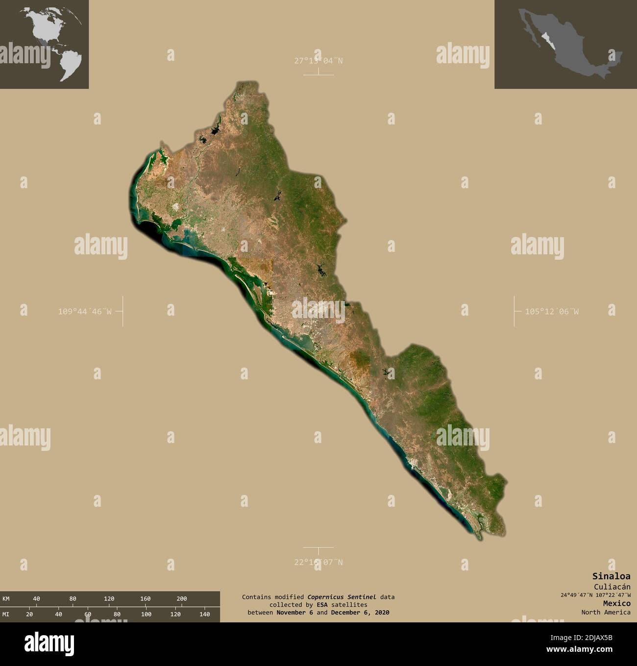 Sinaloa, state of Mexico. Sentinel-2 satellite imagery. Shape isolated ...