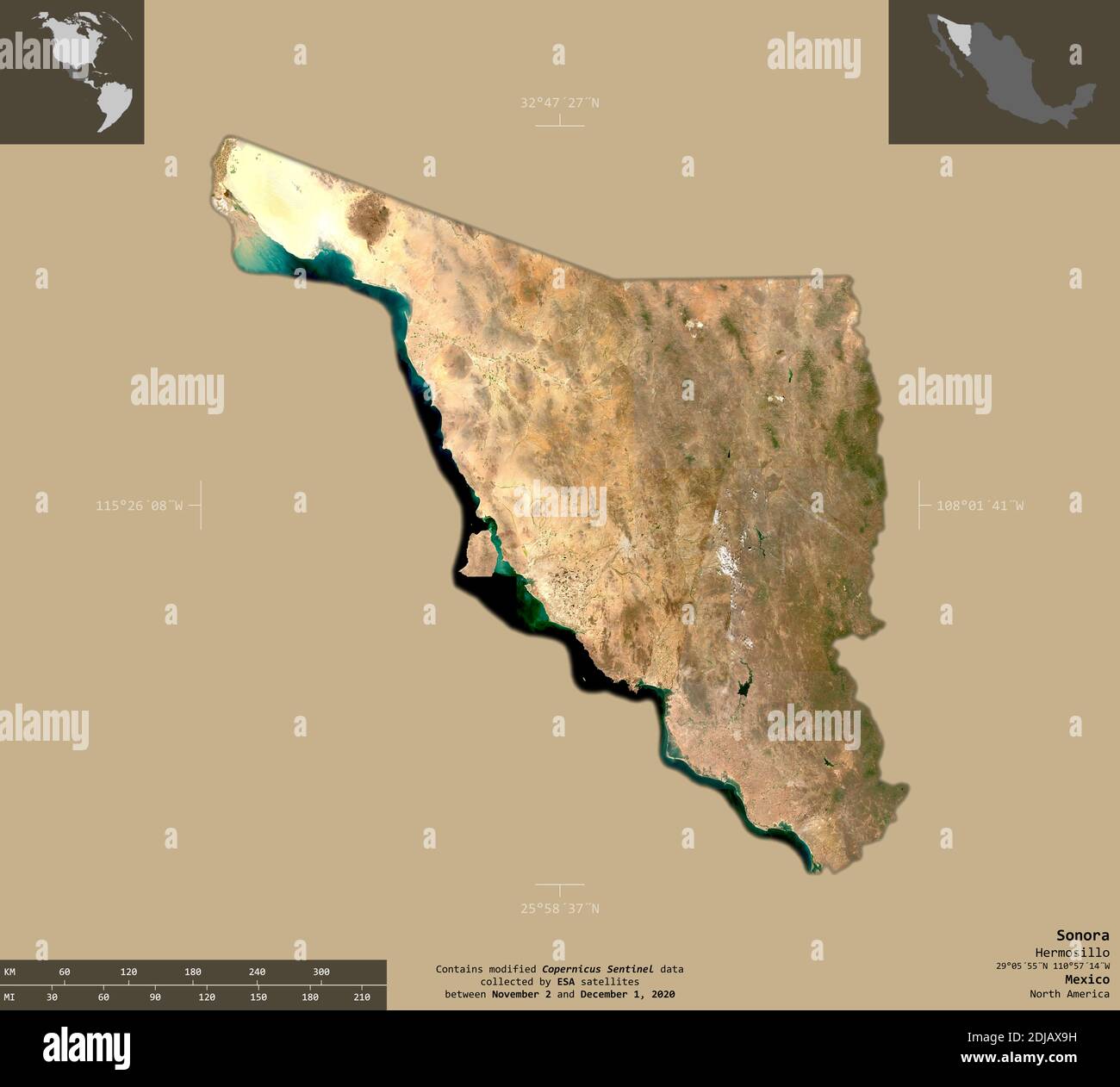 Sonora, state of Mexico. Sentinel-2 satellite imagery. Shape isolated on solid background with ...