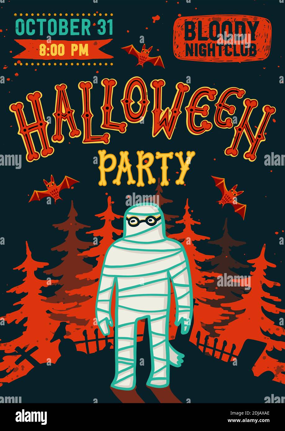 Invitation to Halloween night party. Vintage poster with mummy. Vector ...