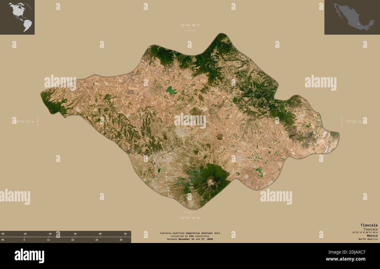 Tlaxcala, state of Mexico. Sentinel-2 satellite imagery. Shape isolated ...