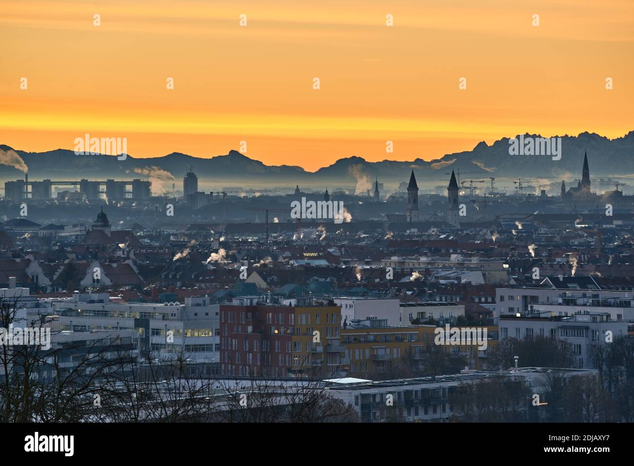 Sunrise above Munich. Beautiful sunrise in Munich with view on the alps ...