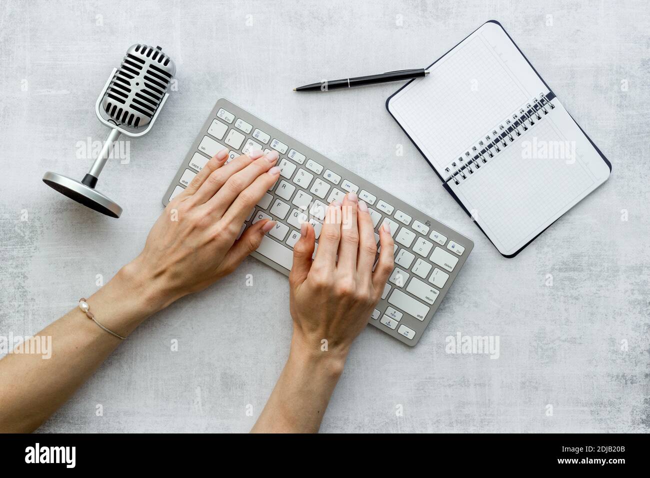 Blogger and streamer job with microphone on table, top view Stock Photo ...