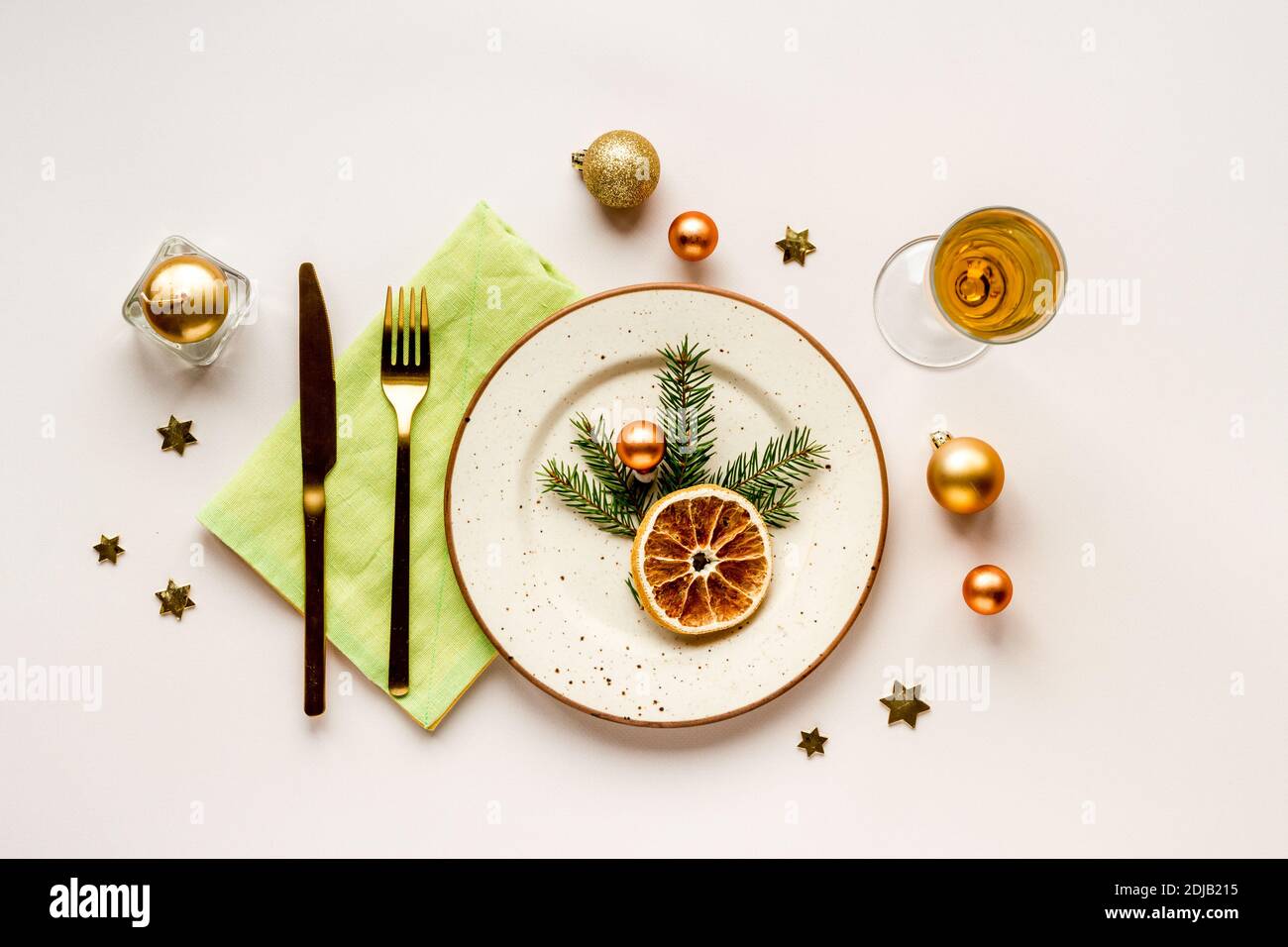 Christmas dinner background. Table setting top view Stock Photo - Alamy