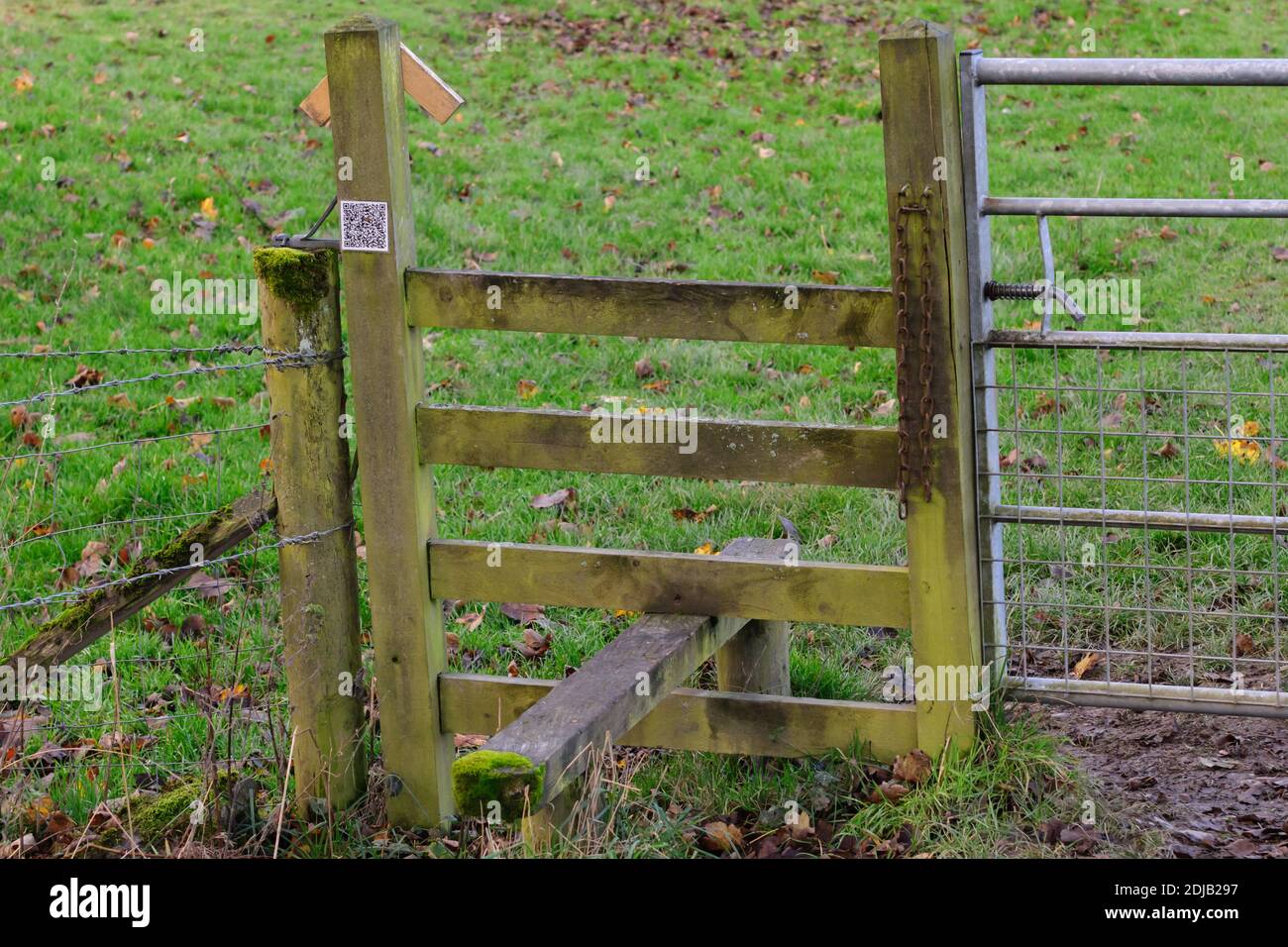 Wooden stile and farm gate on a field boundary in Corwen North Wales ...