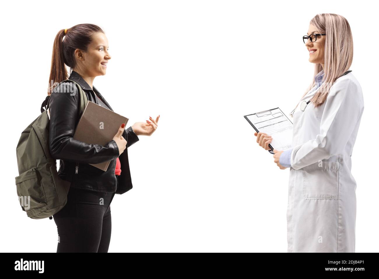 Smiling female doctor and a student having a conversation isolated on ...