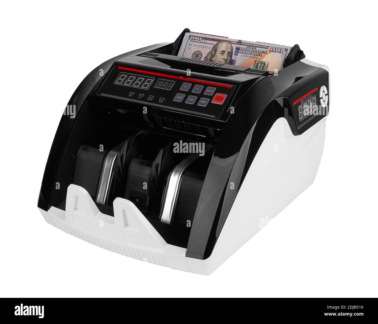 Electronic money counter withhundred dollars banknotes on white Stock ...
