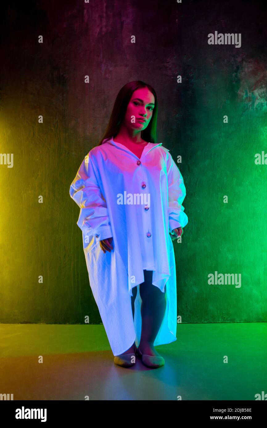 Beauty. Caucasian female inclusive model posing on studio background in ...