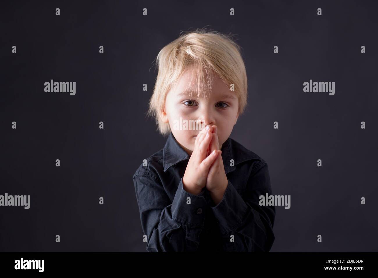 Little toddler child, boy praying, child praying, isolated background ...