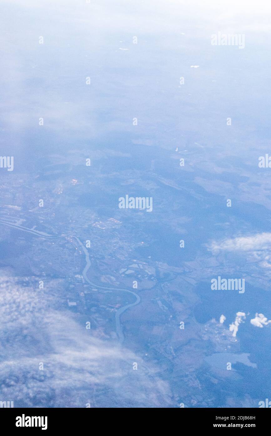 Flying over Europe from Germany to Mallorca with view out of the ...