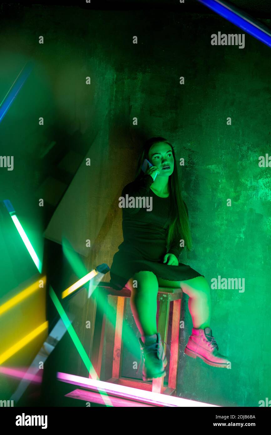 Youth. Caucasian female inclusive model posing on studio background in ...