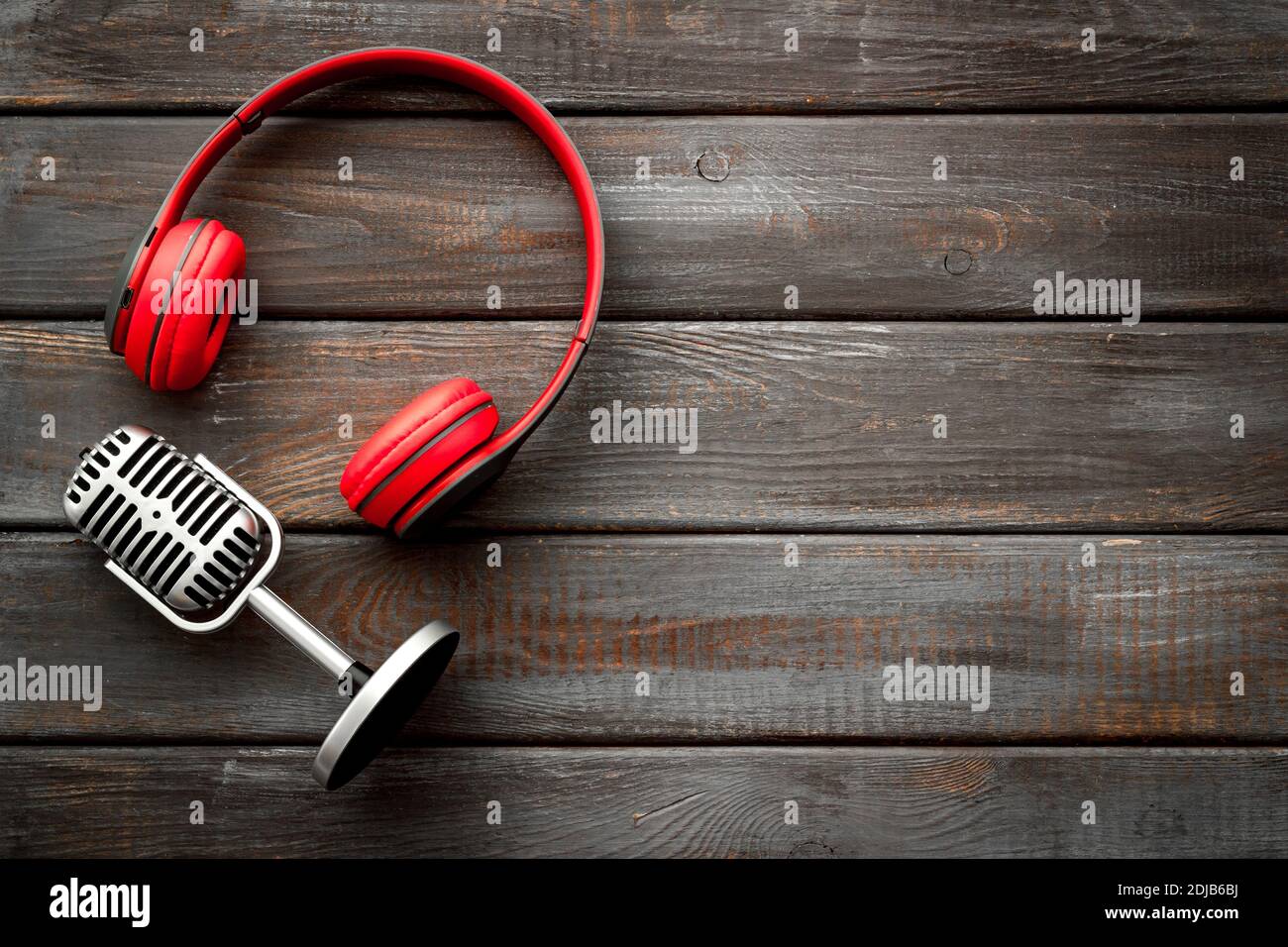 Studio microphone and headphones, top view. Recording podcast and ...