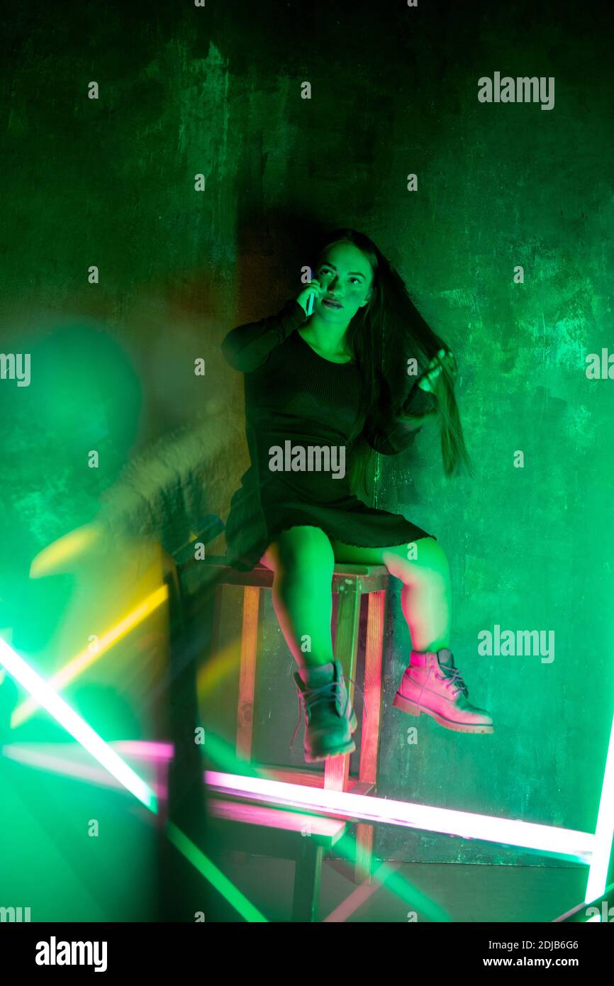 Youth. Caucasian female inclusive model posing on studio background in ...