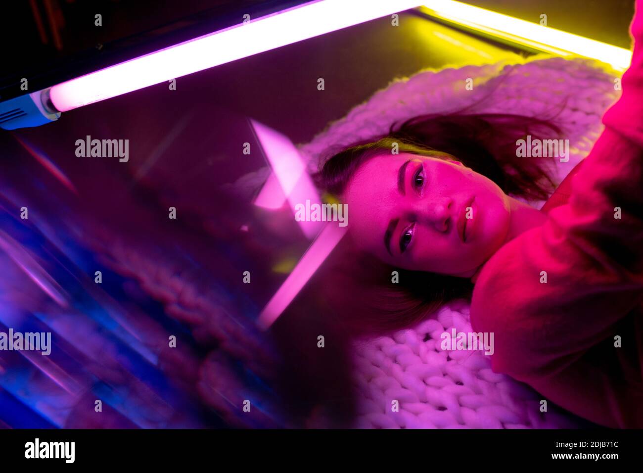 Stunning. Caucasian female inclusive model posing on studio background ...