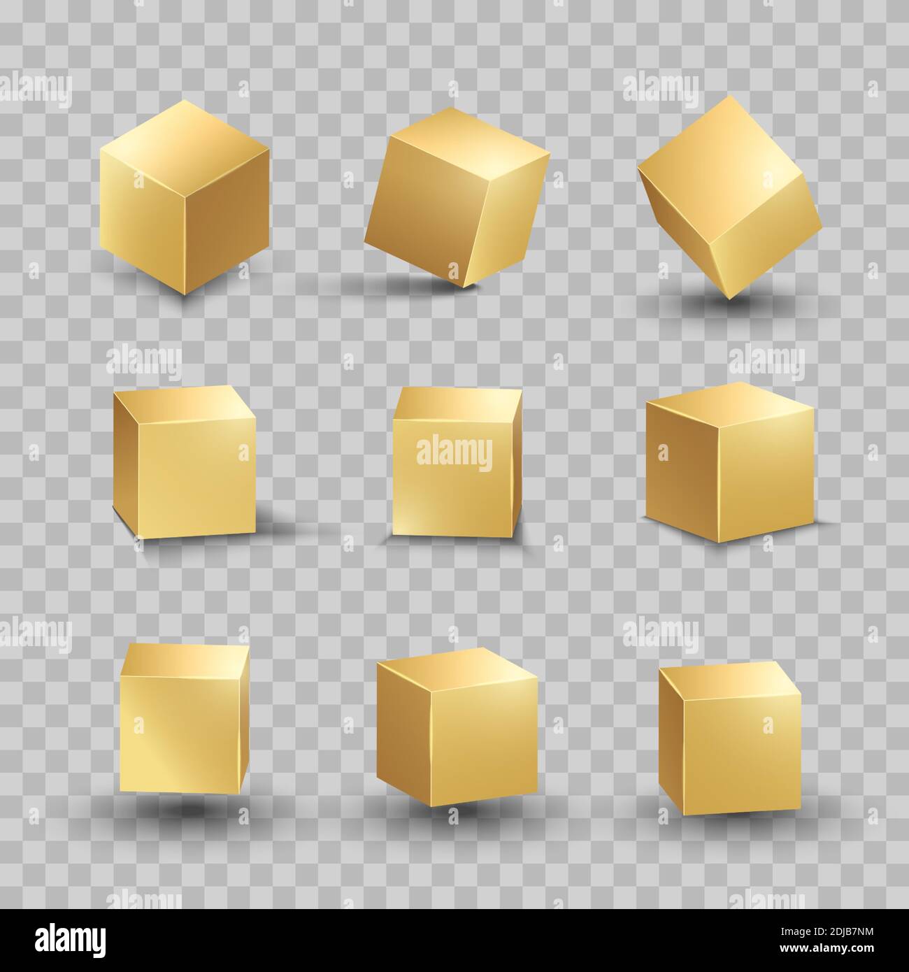 Golden cube. Gold box metallic shape. Vector square block set Stock ...