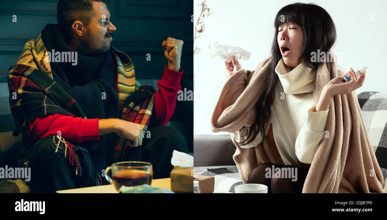 Collage of ill woman feeling sick and healthy man avoiding virus ...