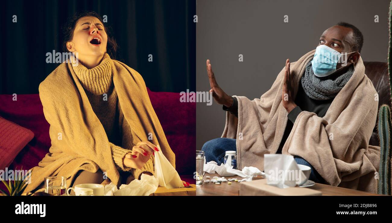 Collage of ill woman feeling sick and healthy man avoiding virus ...