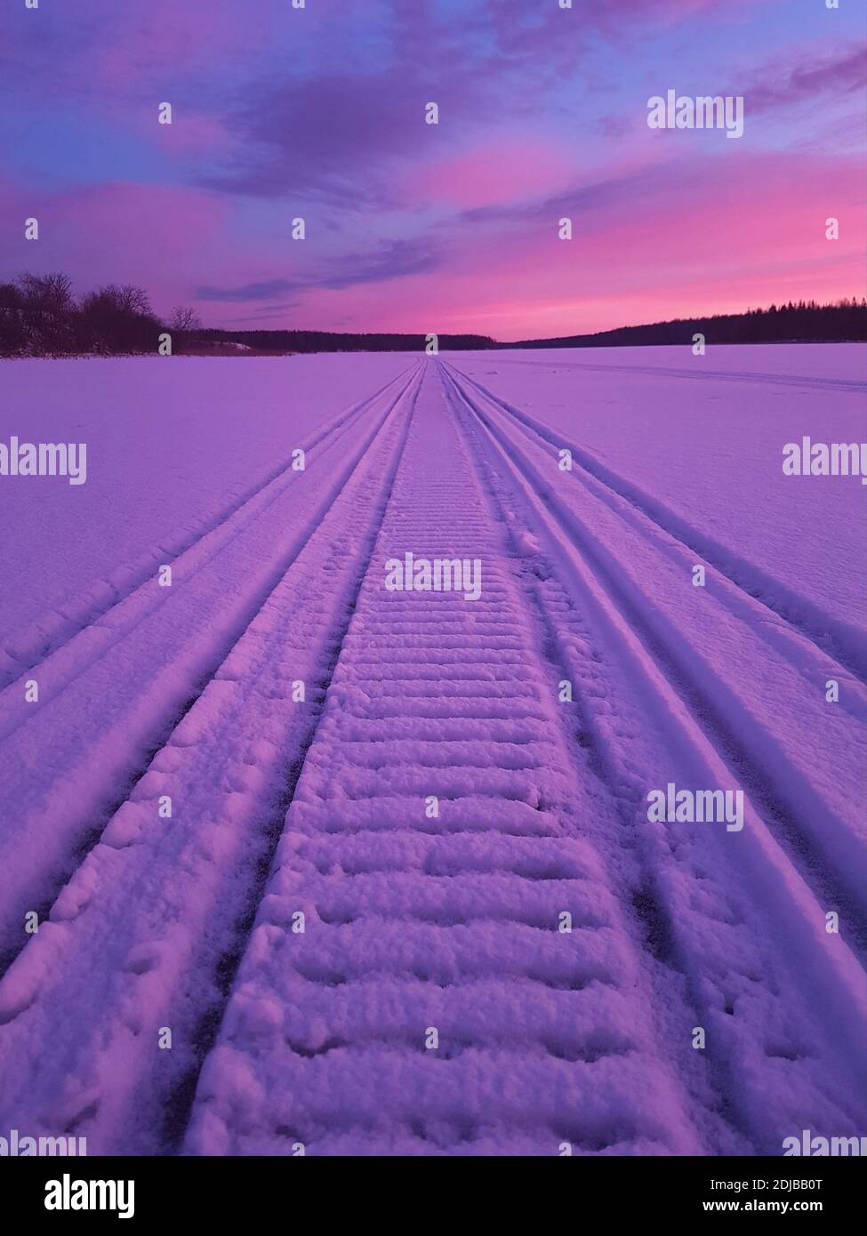 Trace of a snowmobile in the colorful frosty sunset with purple and ...
