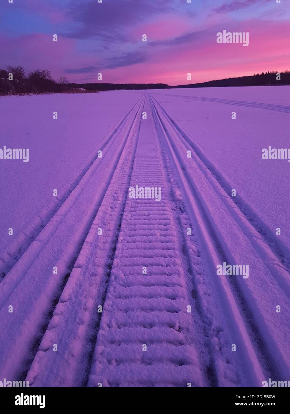 Trace of a snowmobile in the colorful frosty sunset with purple and ...