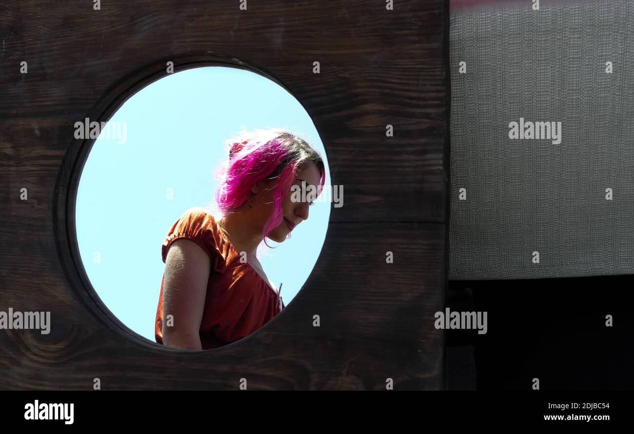 Woman Seen Through Window Stock Photo - Alamy
