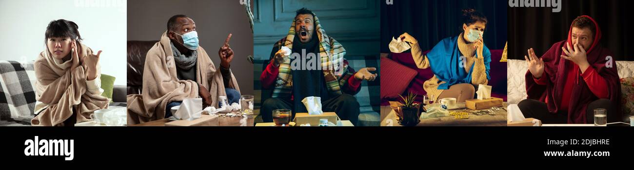 Collage of ill people feeling sick and healthy people avoiding virus ...