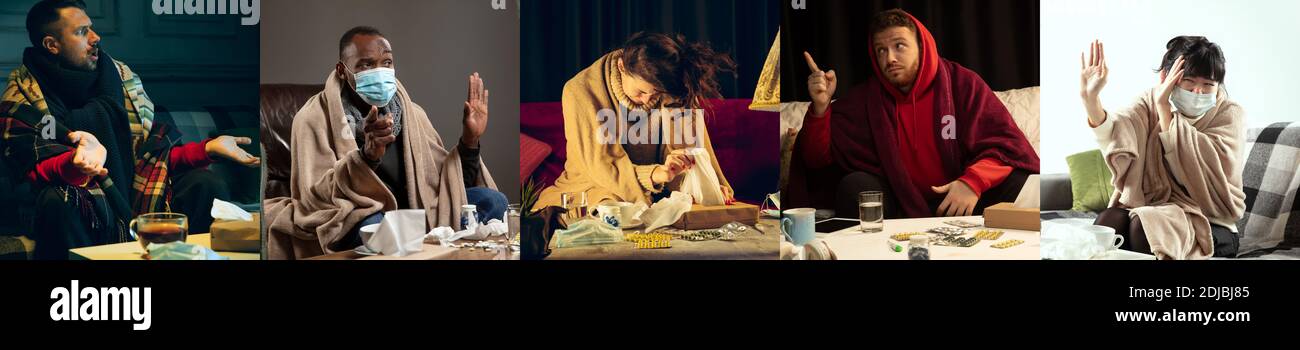 Collage of ill people feeling sick and healthy people avoiding virus ...