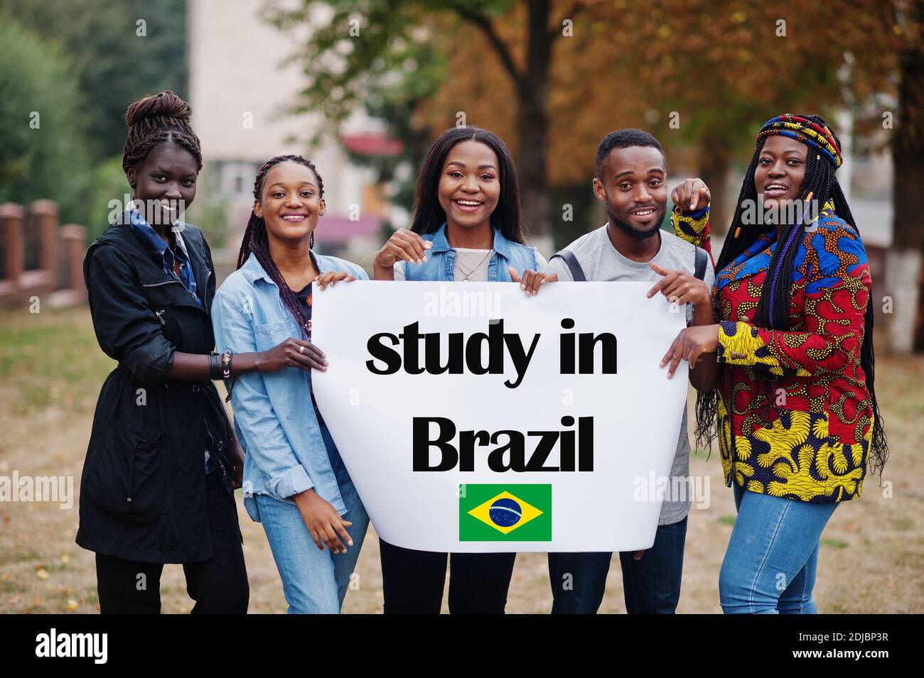 Study in Brazil. Group of five african college students on campus at ...