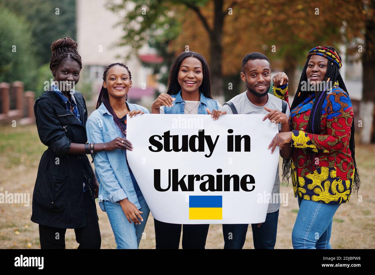 Study in Ukraine. Group of five african college students on campus at ...