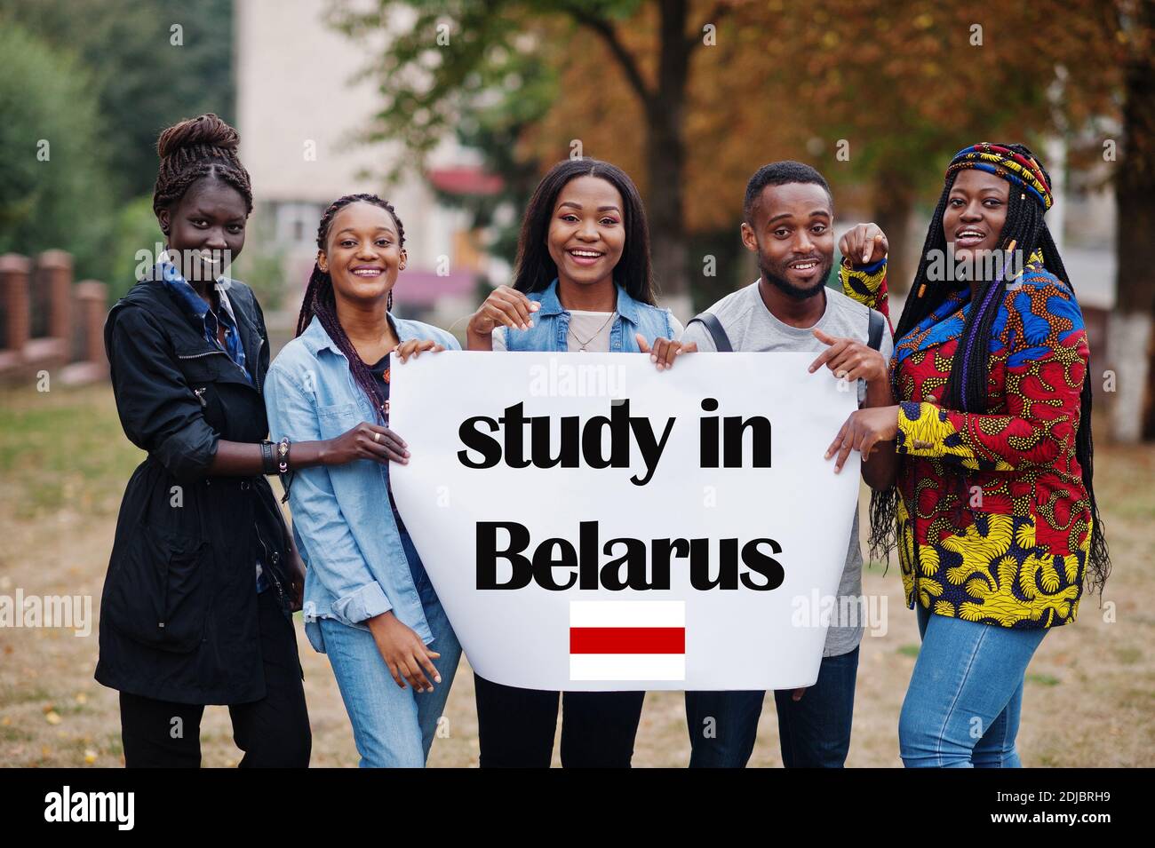Study in Belarus. Group of five african college students on campus at ...