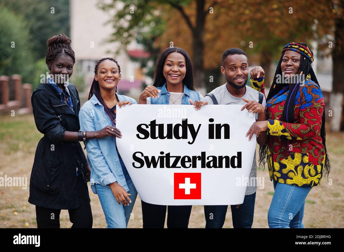 Study in Switzerland. Group of five african college students on campus ...