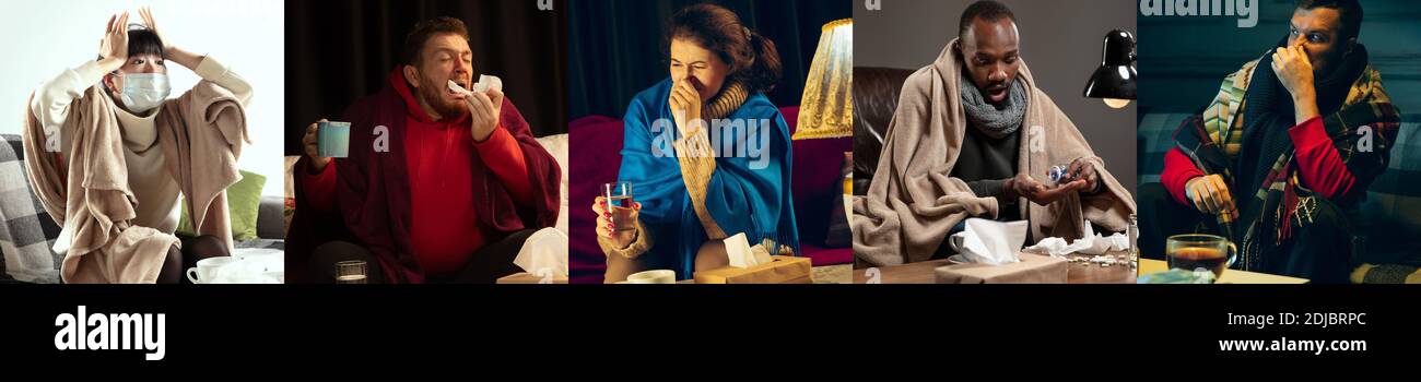 Collage of ill people feeling sick and healthy people avoiding virus ...