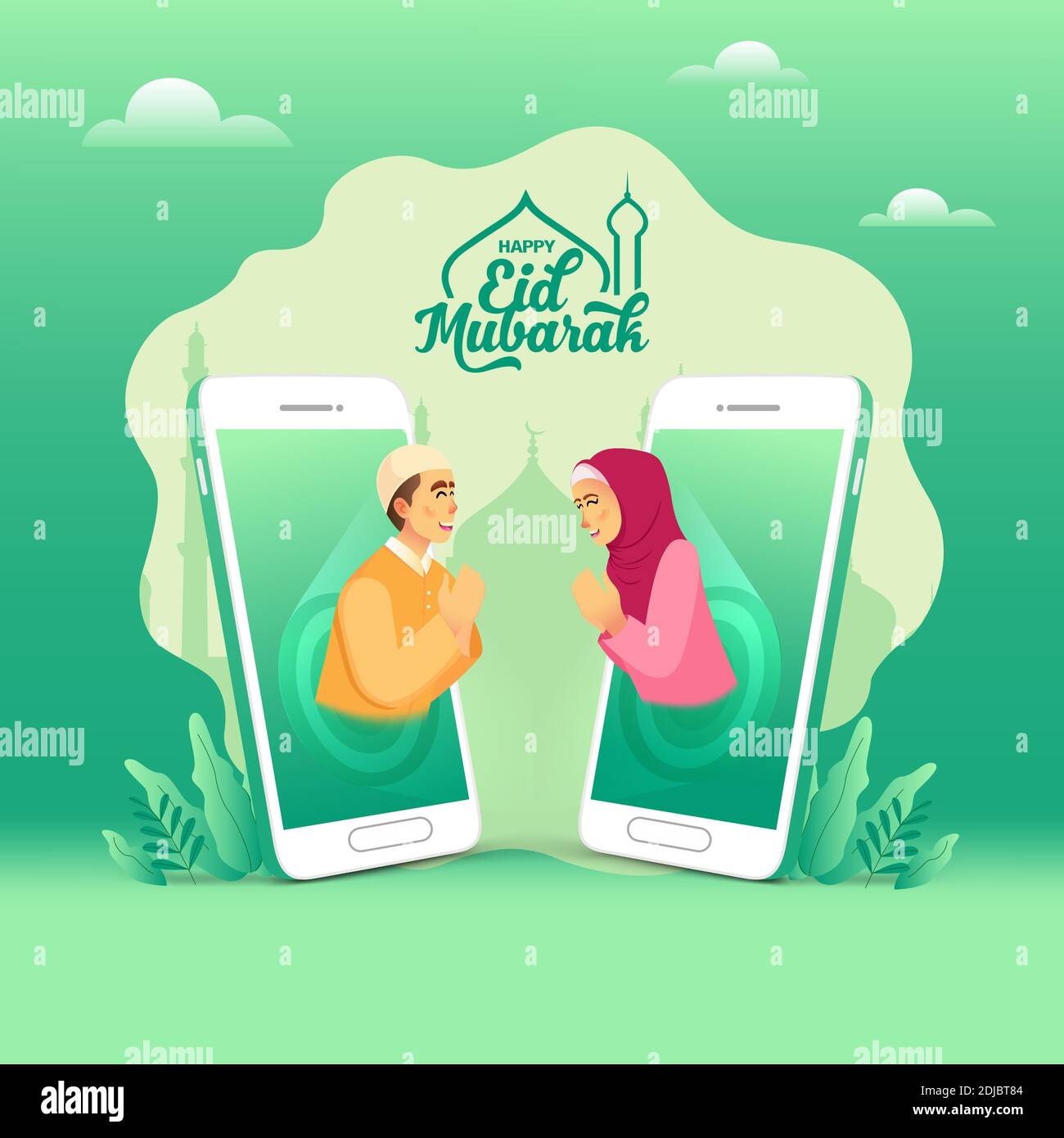 Eid mubarak greeting card. muslim couple blessing Eid mubarak through smart phone screens using ...