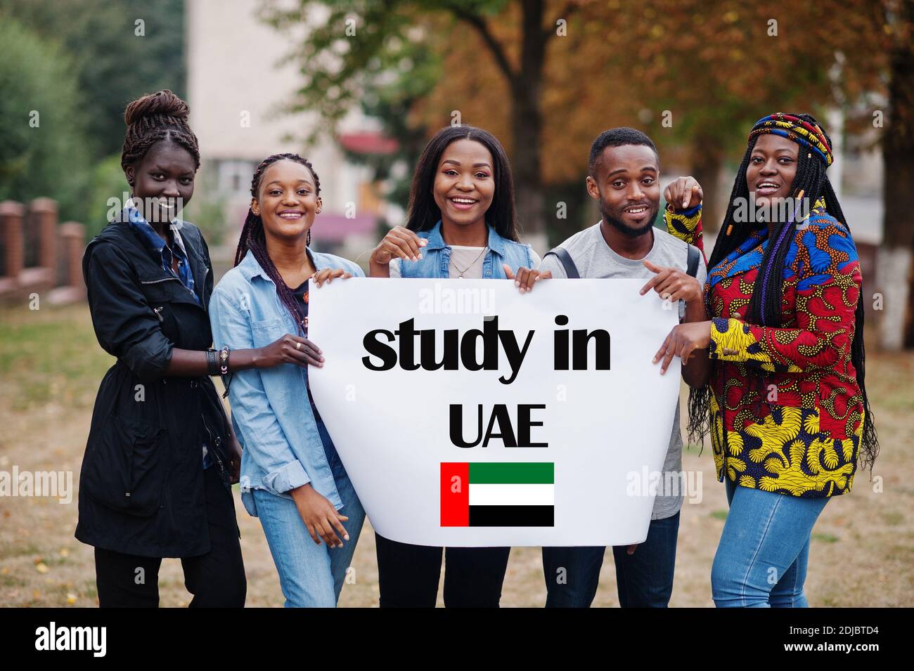 Study in UAE. Group of five african college students on campus at ...