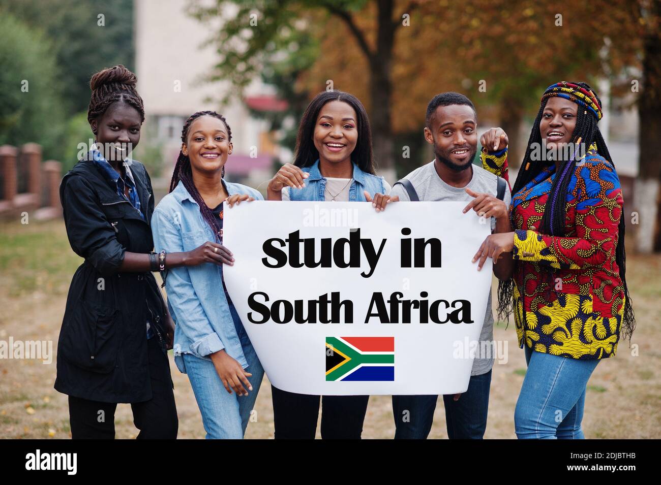 Study in South Africa. Group of five african college students on campus ...