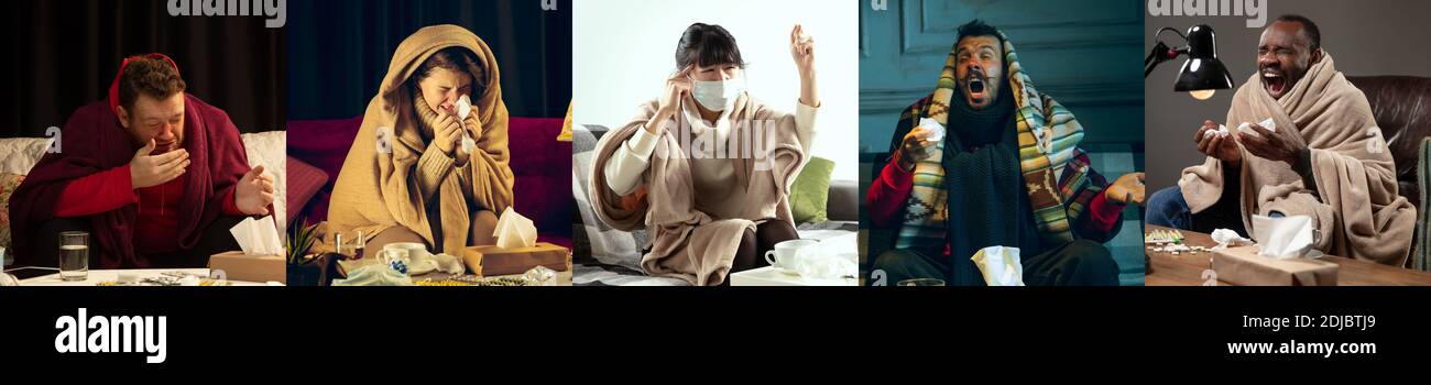 Collage of ill people feeling sick and healthy people avoiding virus ...