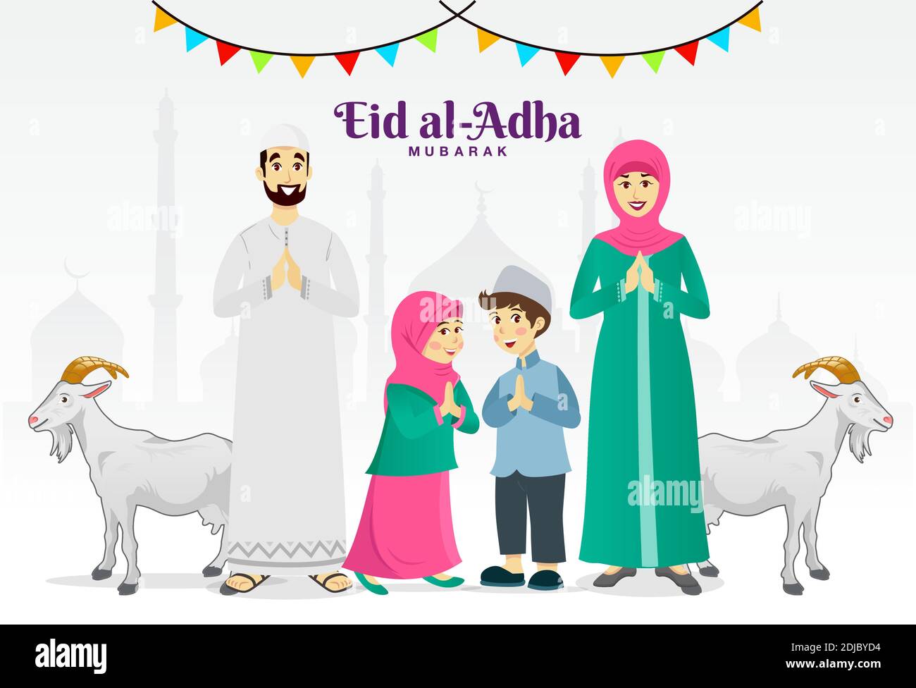 Eid al Adha greeting card. cartoon muslim family celebrating Eid al ...
