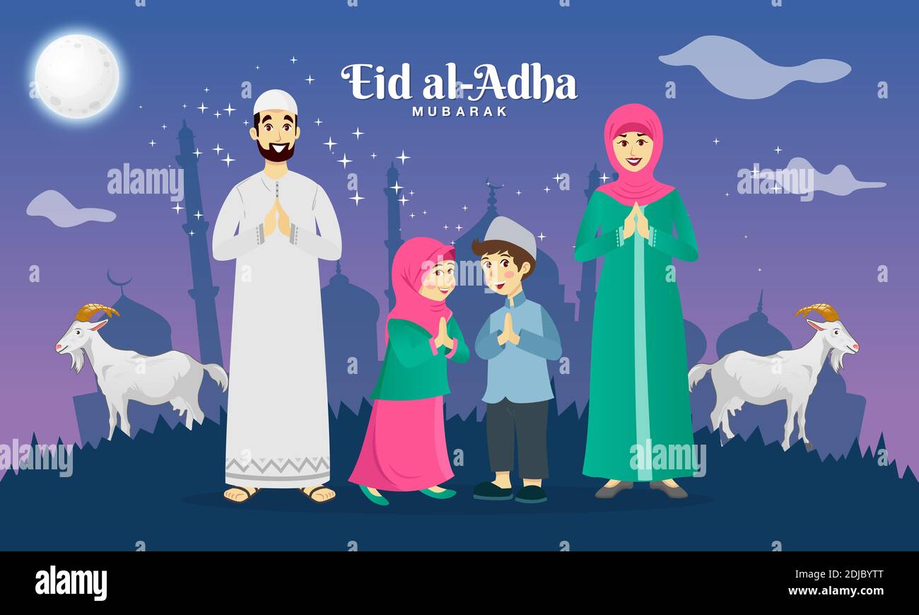 Eid al Adha greeting card. cartoon muslim family celebrating Eid al ...