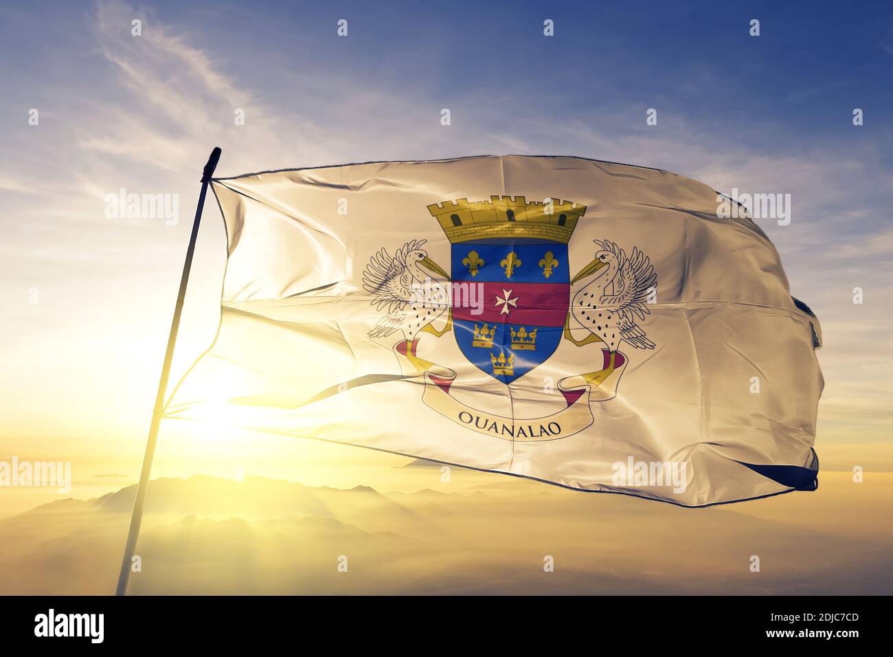 Collectivity of Saint-Barthelemy of France flag waving on the top mist ...