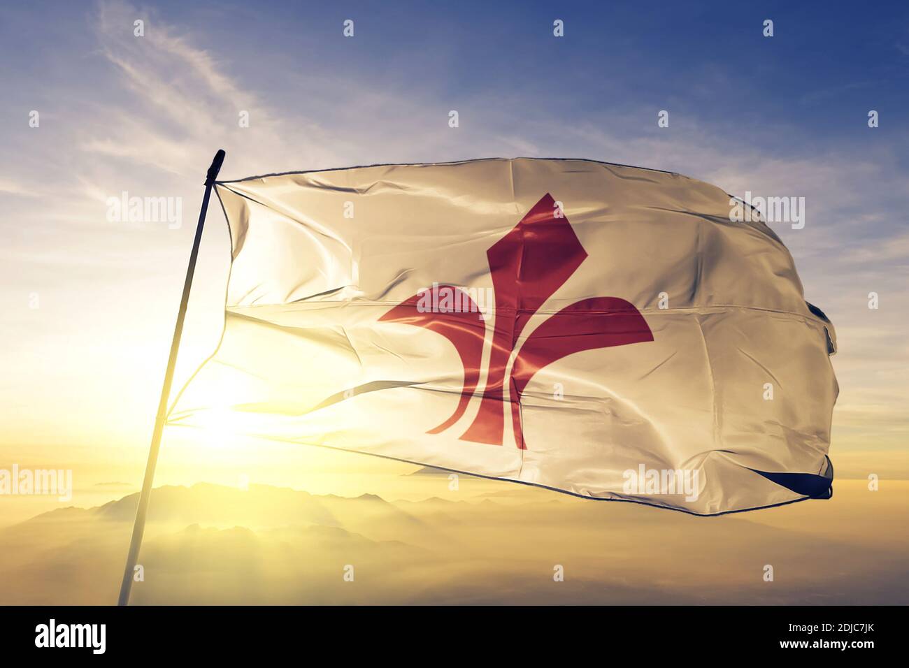 Lille city of France flag waving on the top sunrise mist fog Stock ...