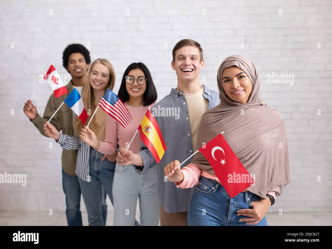 Modern exchange program and language learning. Happy young ...