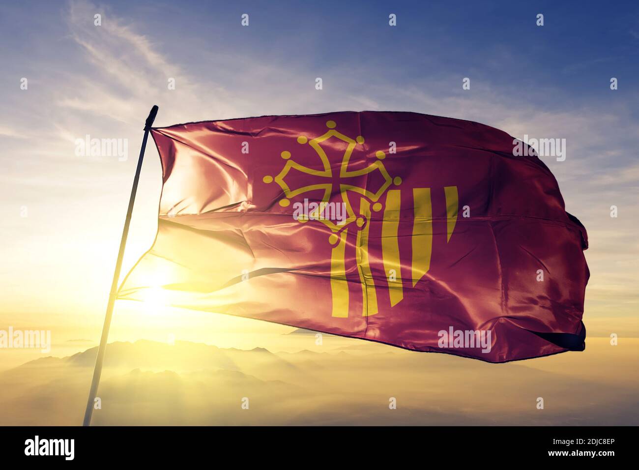 Occitanie Languedoc-Roussillon of France flag waving on the top sunrise ...