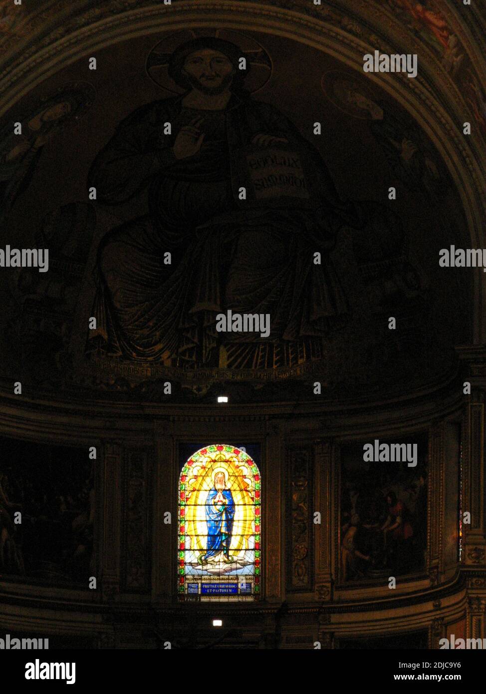 Interior stained glass window within Pisa Cathedral in Florence Italy ...