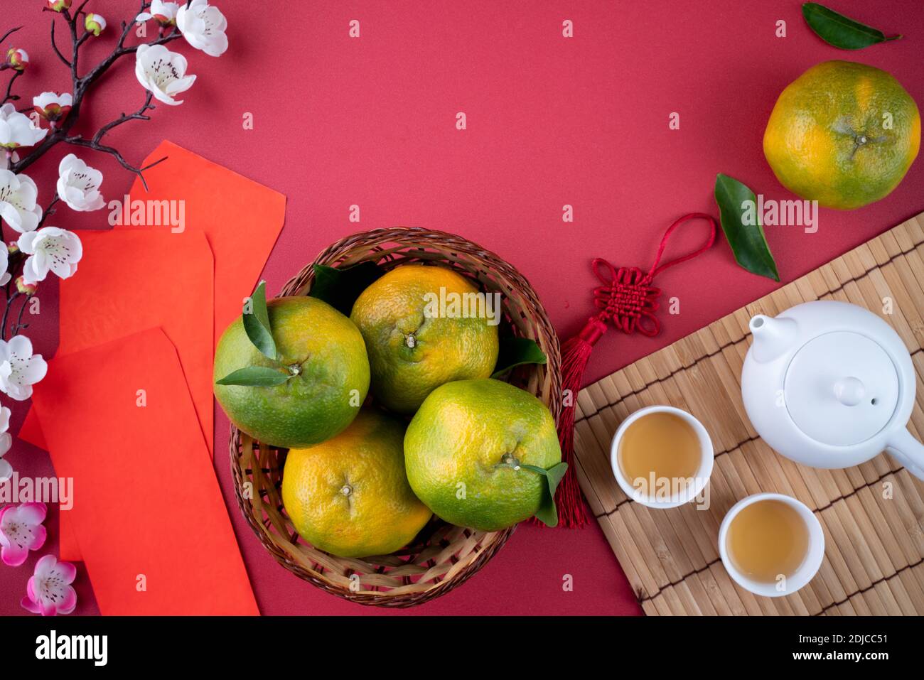 Top view of fresh ripe tangerine mandarin orange with fresh leaves on ...